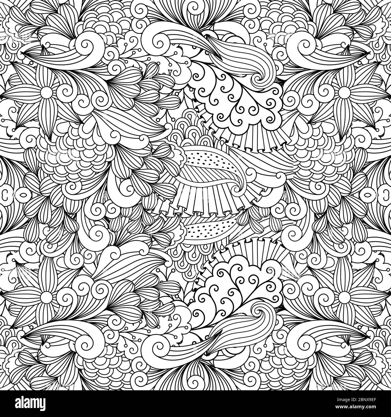 Doodle leaf and swirls zen style black and white background. Vector ...