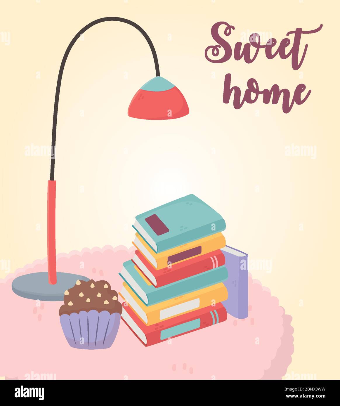 sweet home stack of books floor lamp cupcake on carpet vector ...
