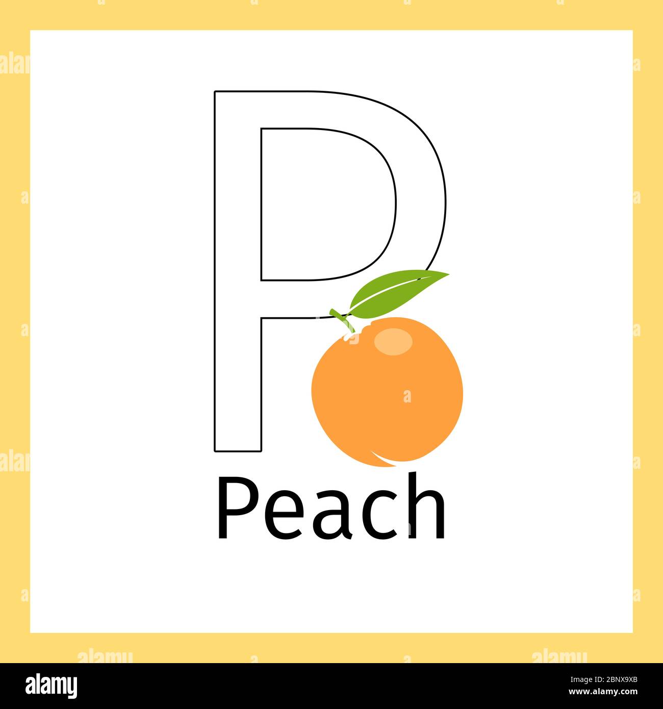 Kids education card with peach fruit and outline letter P for coloring ...
