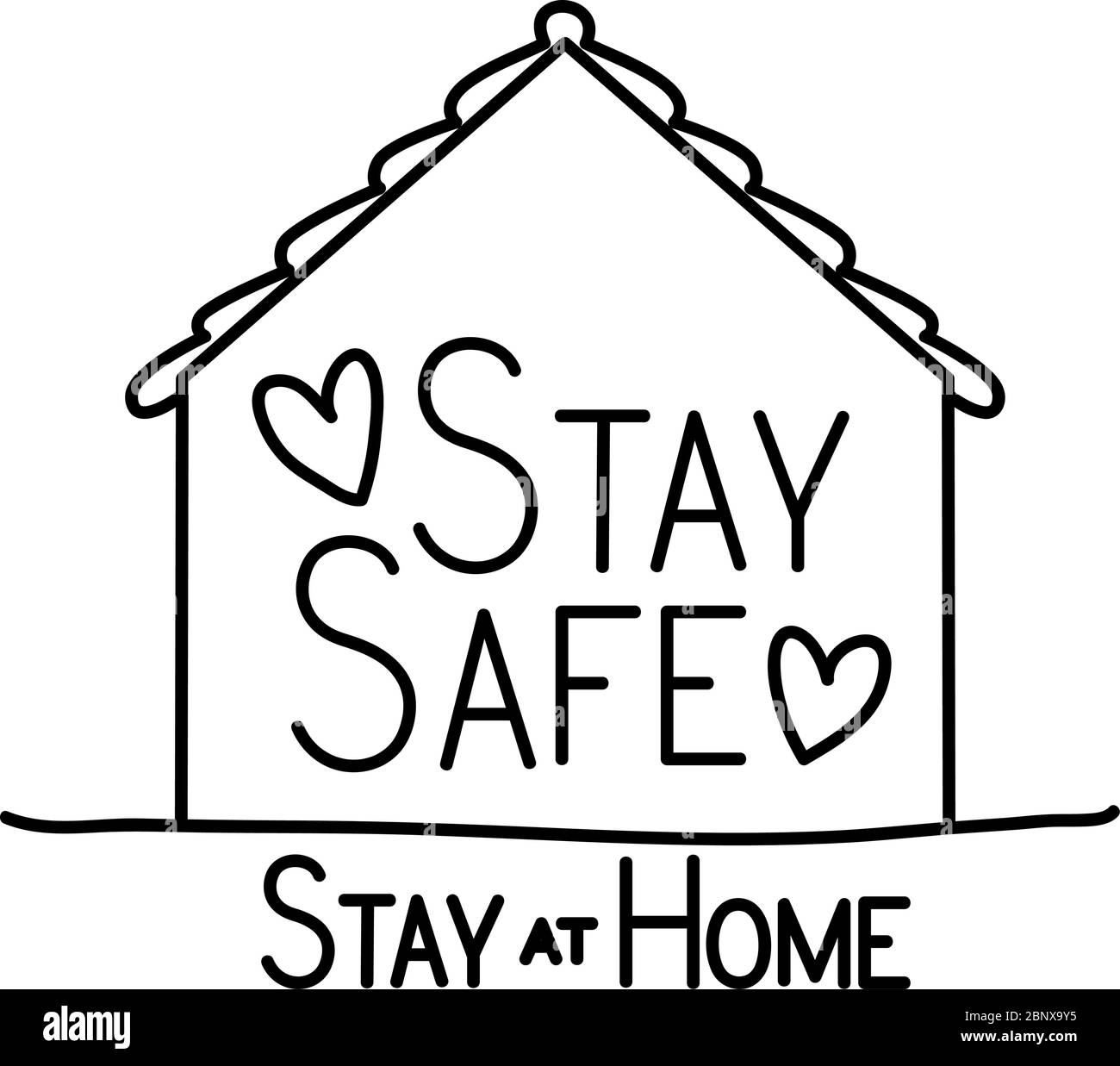 Stay safe and at home text with hearts and house vector design Stock ...