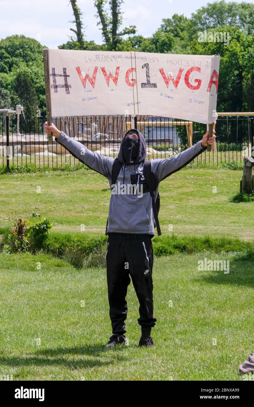Southampton, Hampshire, UK. May 16th 2020, Single protester covering ...
