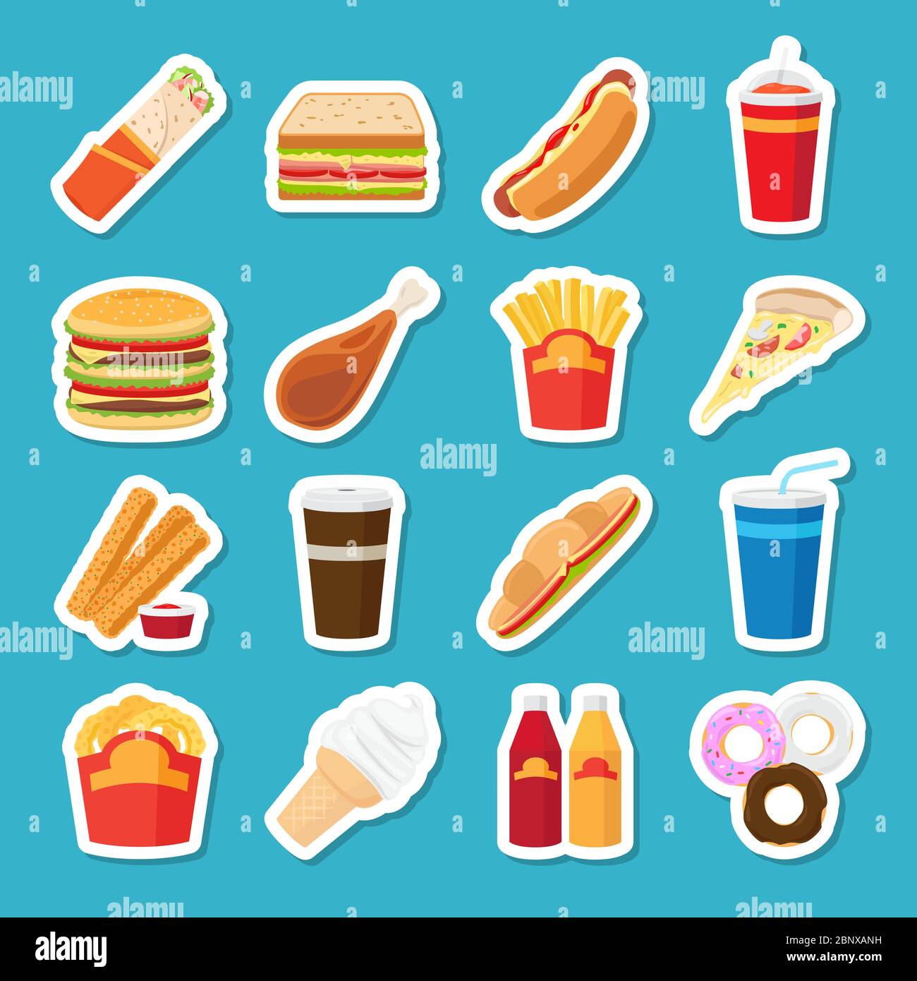 Food and drink stickers. Fastfood or junk food take out lunch vector ...