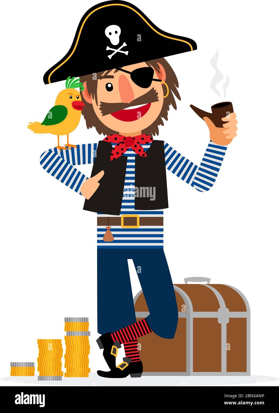 Smiling pirate character with parrot, pipe, treasure chest and coins ...