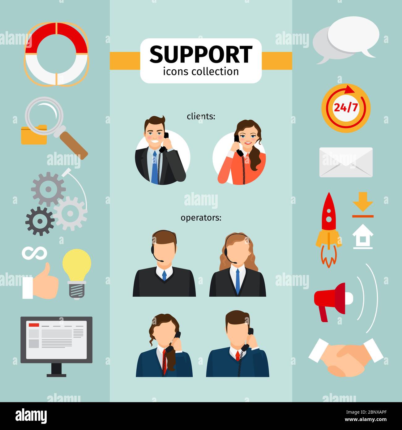 Support service icons collection on blue background. Vector ...