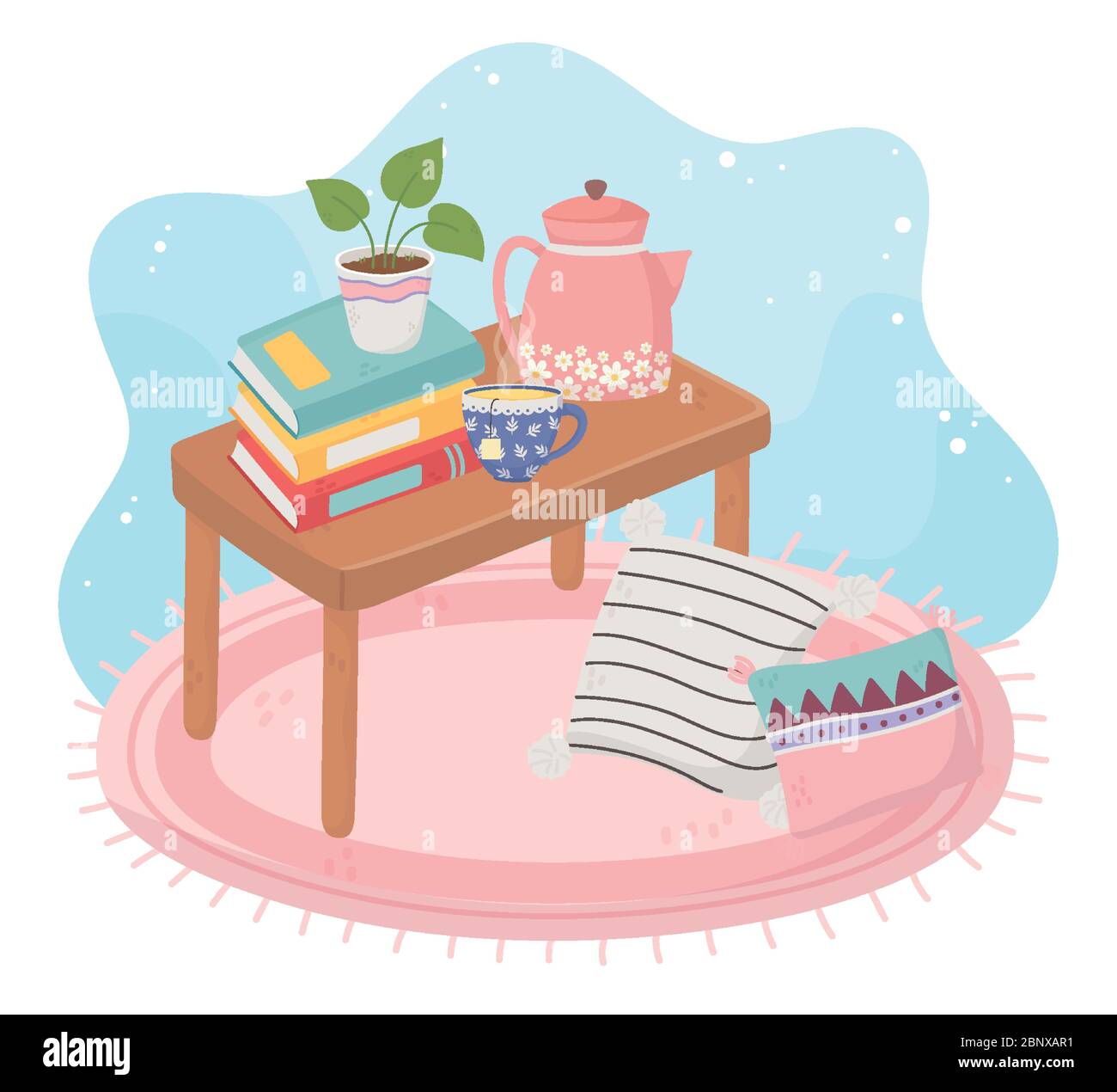 sweet home table with stack of books potted plant tea cup kettle vector ...