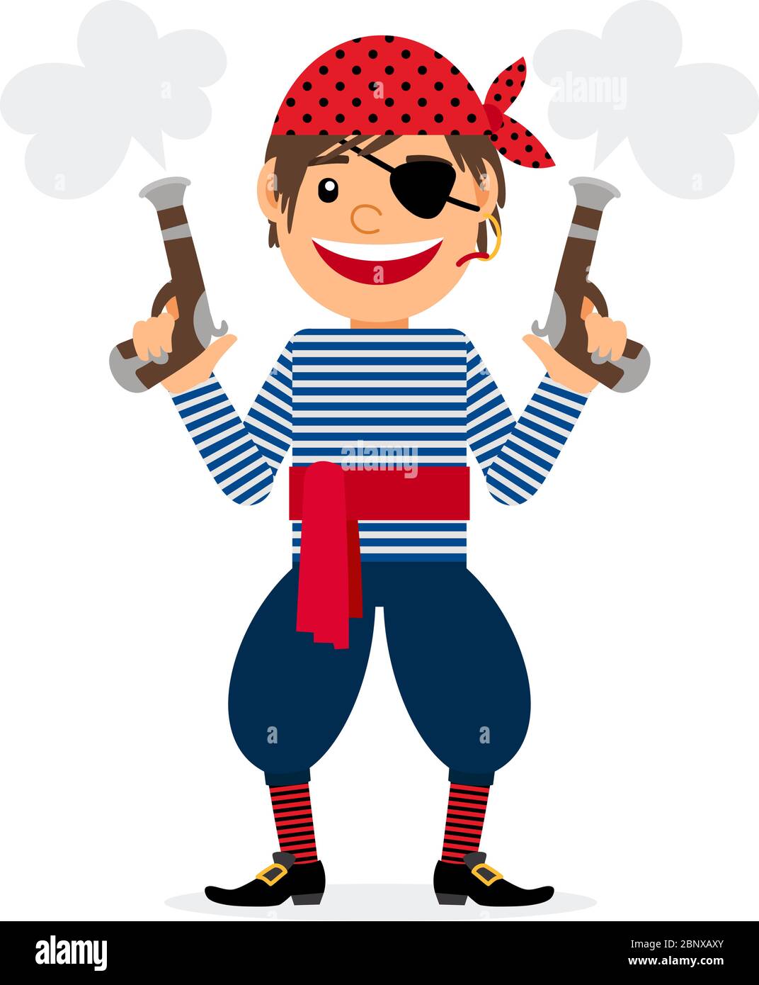 Pirate young smiling cartoon character with two pistols on white ...