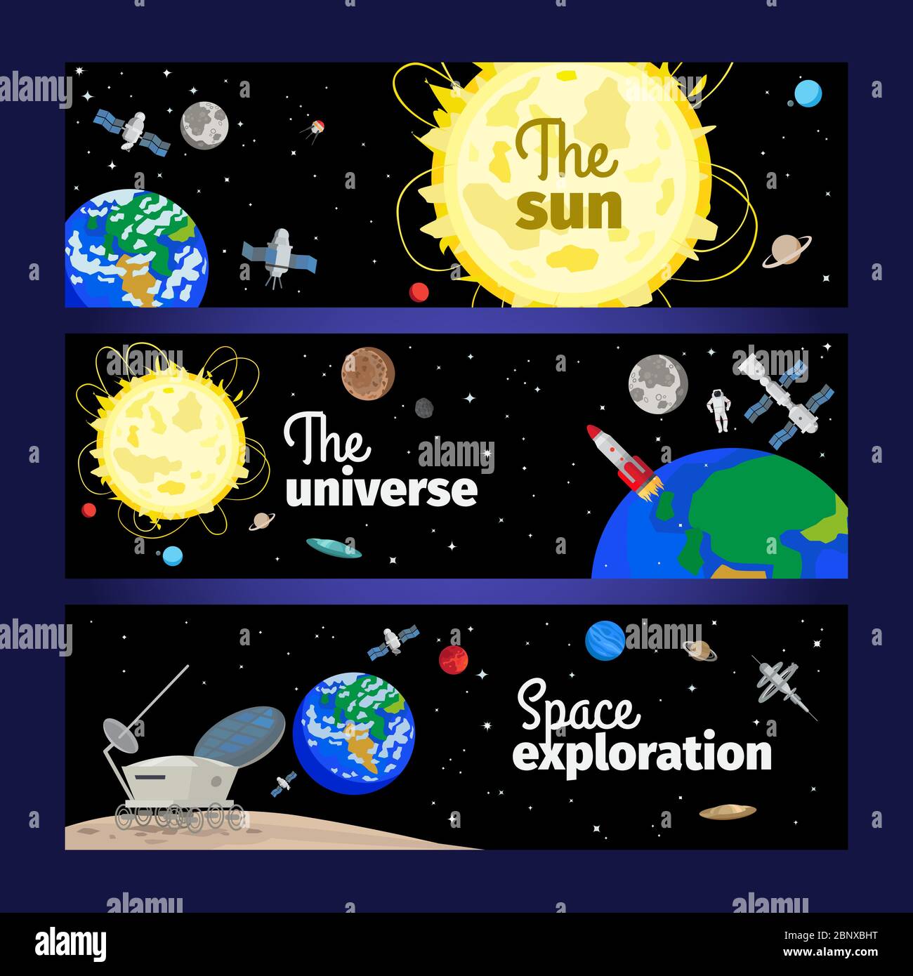 Space theme banners with planets, rocket and stars. Vector illustration ...