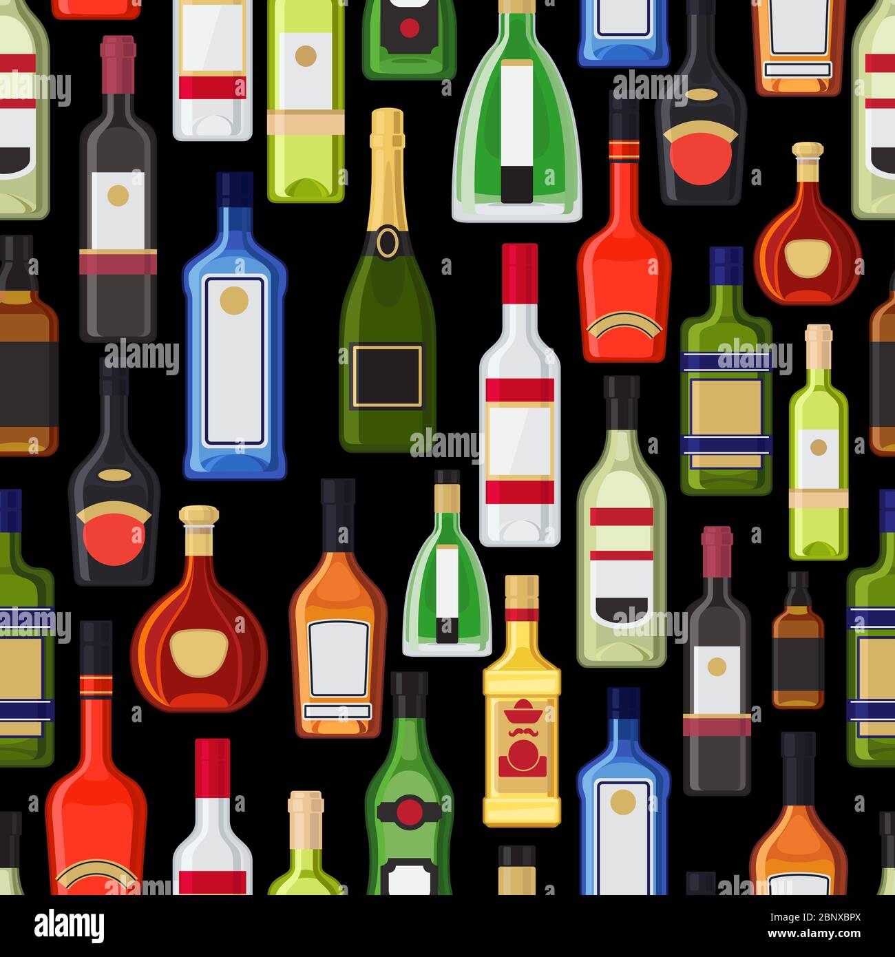 Alcohol bottles colorful pattern with black background. Vector ...