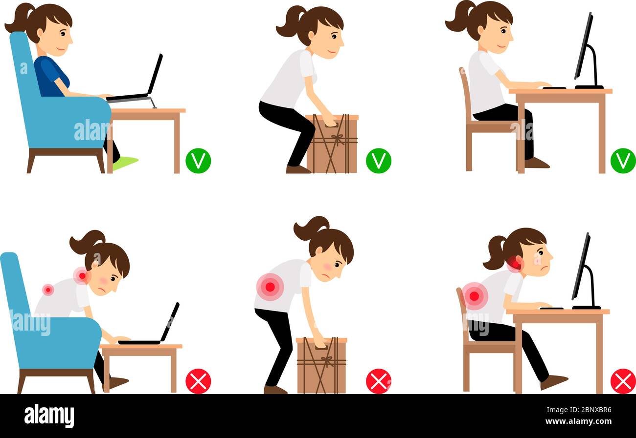 Woman cartoon character sitting and working correct and incorrect ...