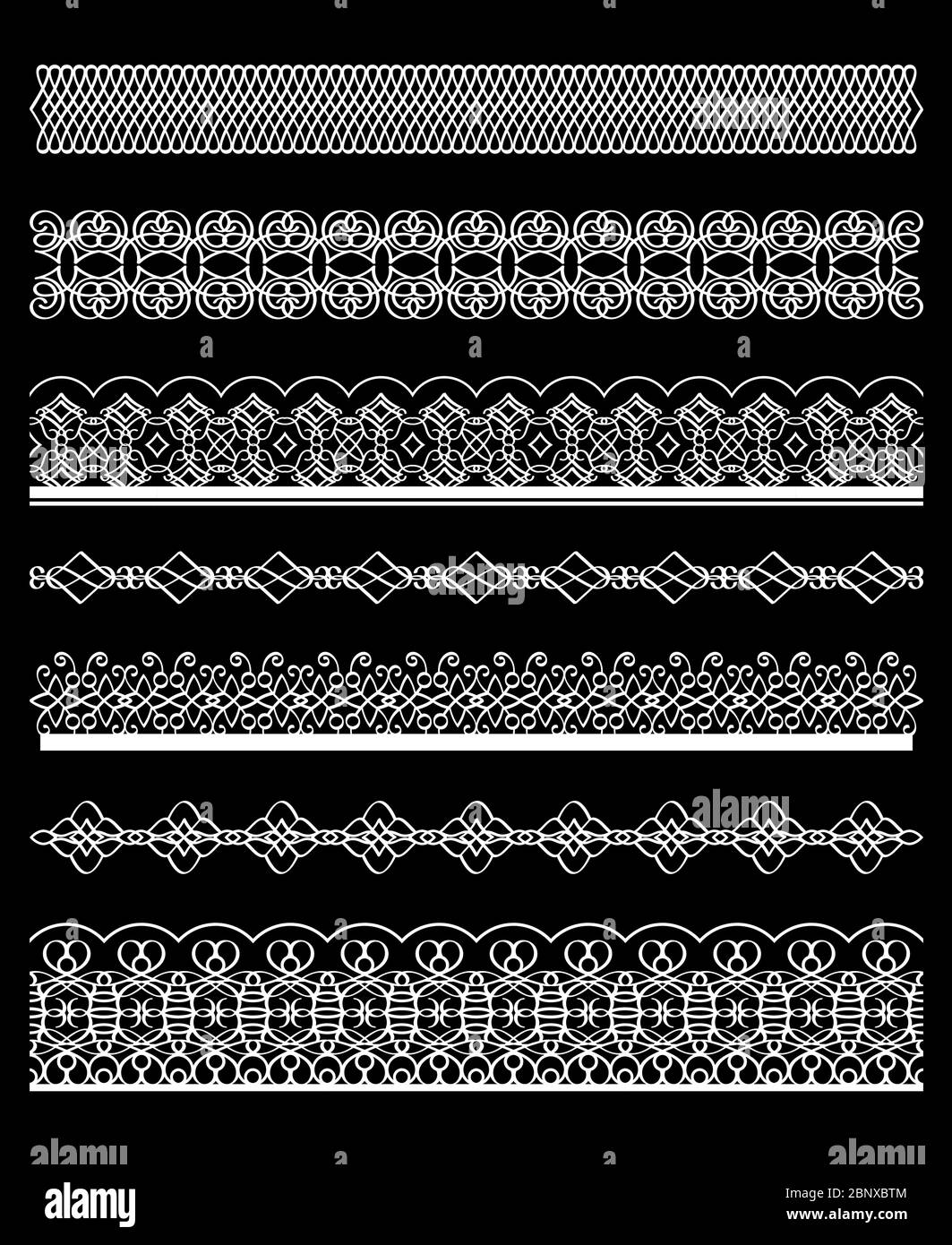 Cute lace like linear white borders set on black background. Vector ...