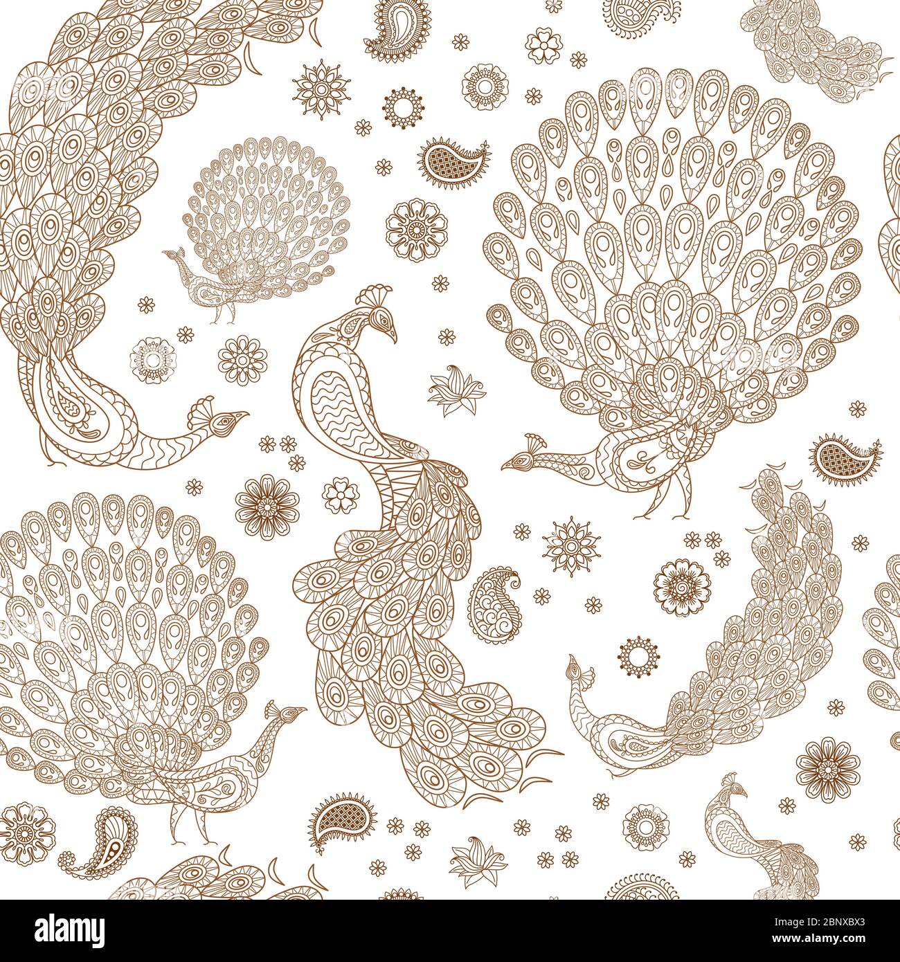 Peacock with henna elements monochrome seamless pattern. Vector ...