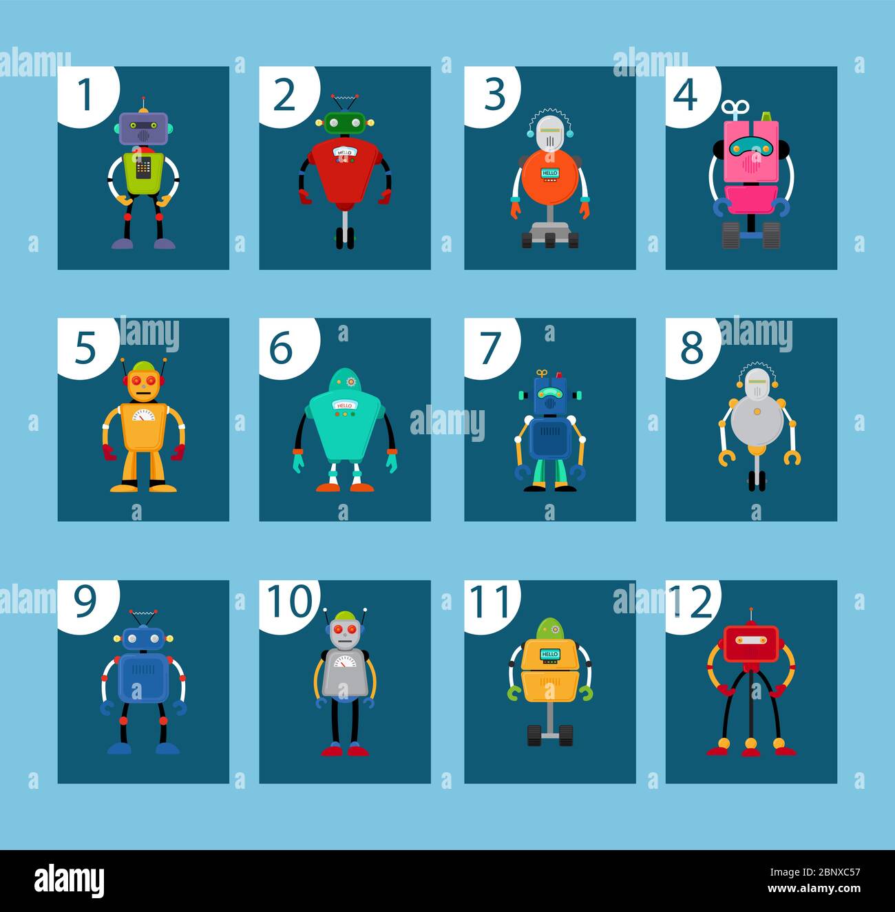 Cards with robots and numbers for kids game. Vector illustration Stock ...