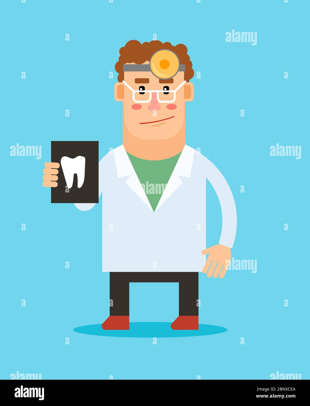 Dentist with tooth illustration cartoon character on blue background ...