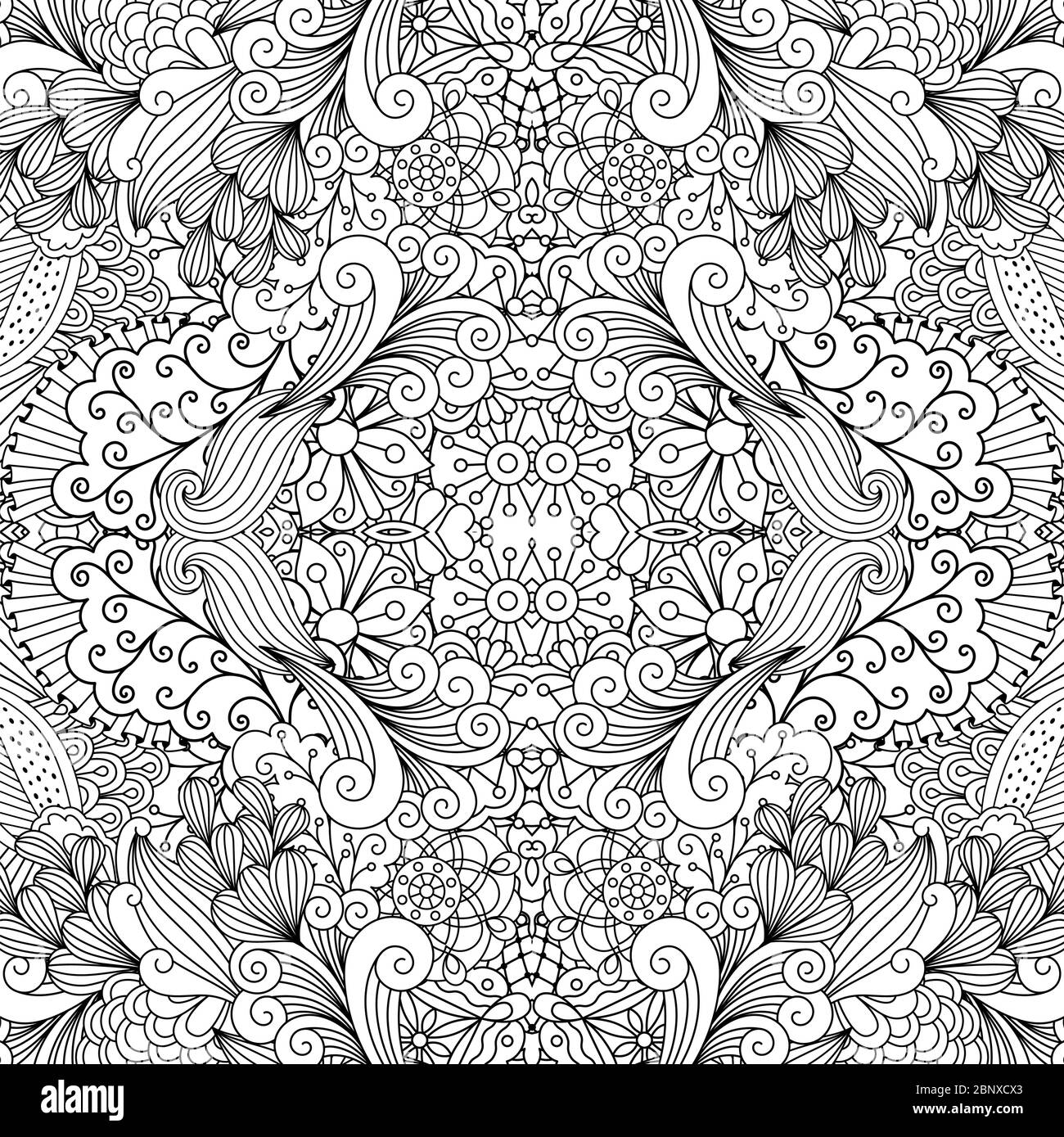 Symmetric ethnic outline black and white ornamental pattern with ...