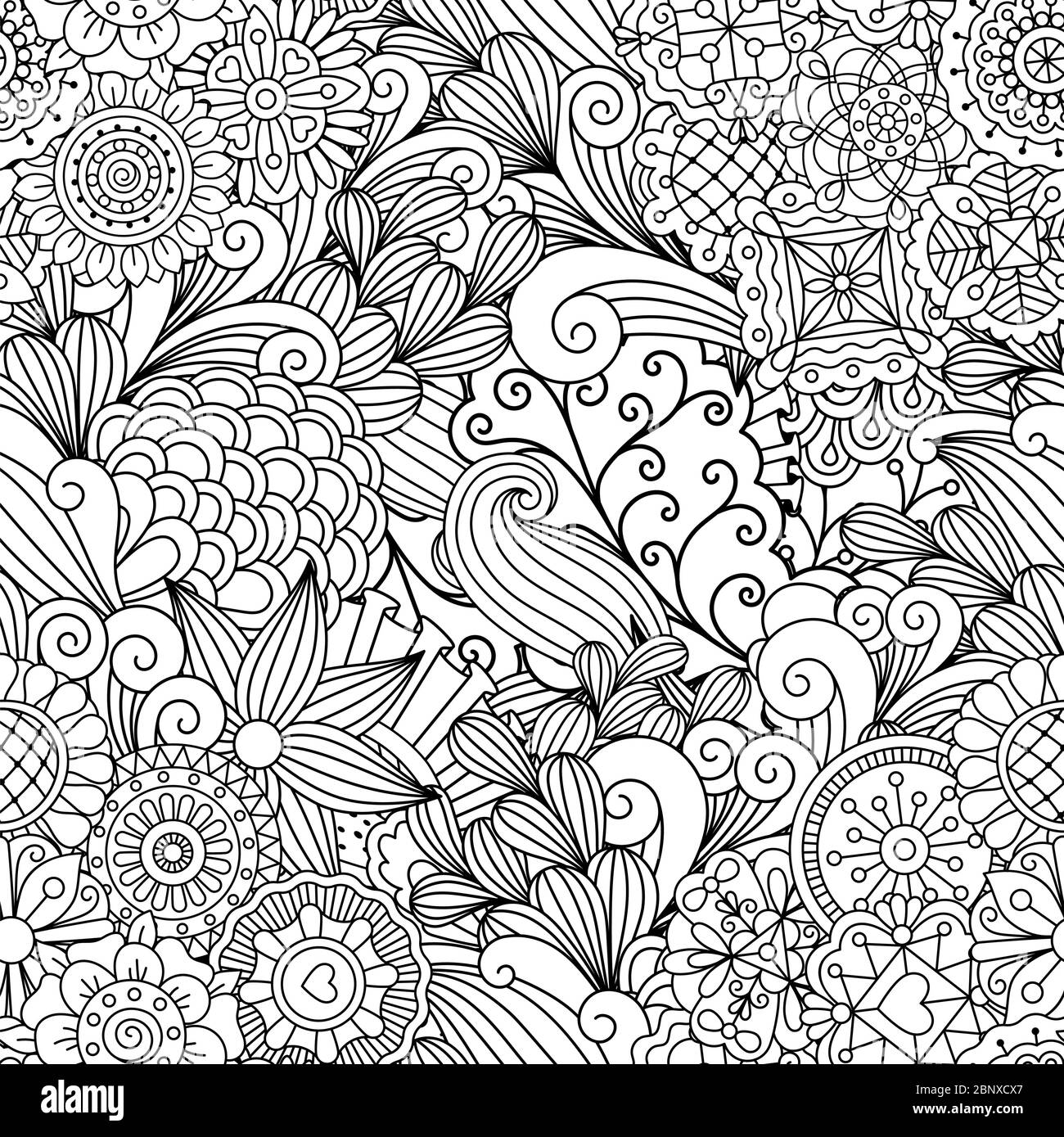 Floral black and white linear decorative pattern with leaves and swirls ...