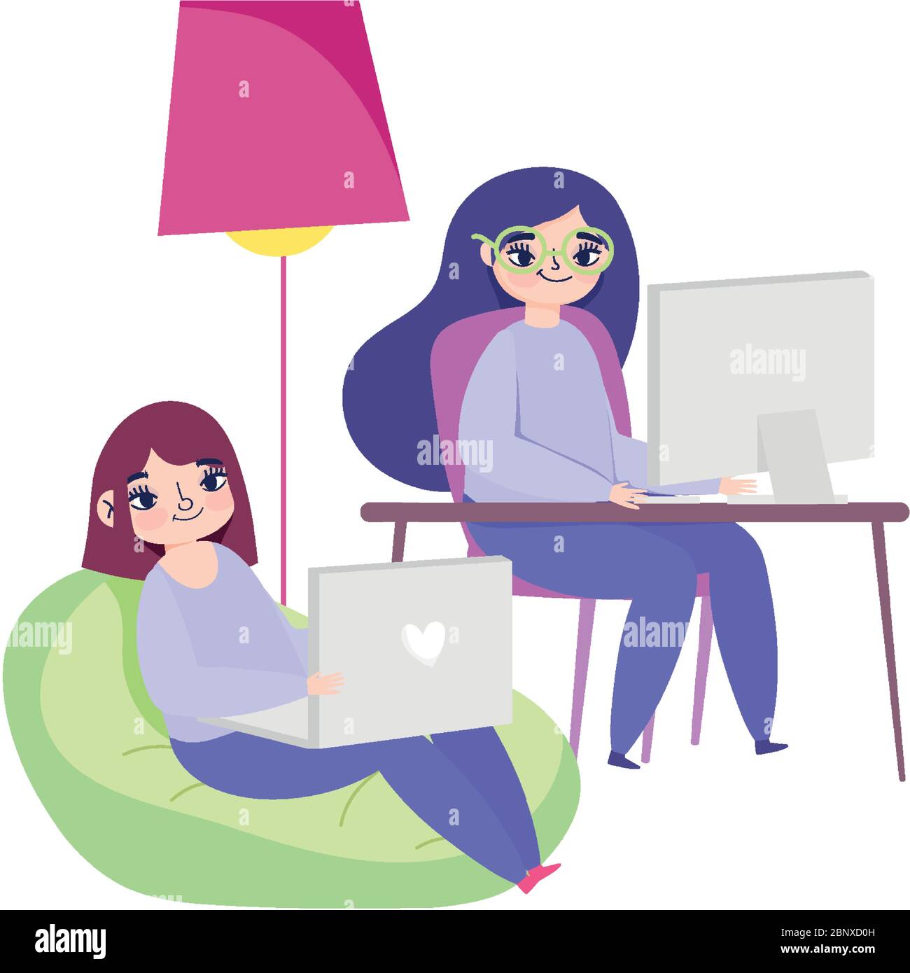 working remotely, young women in desk and bean chair with laptop and ...