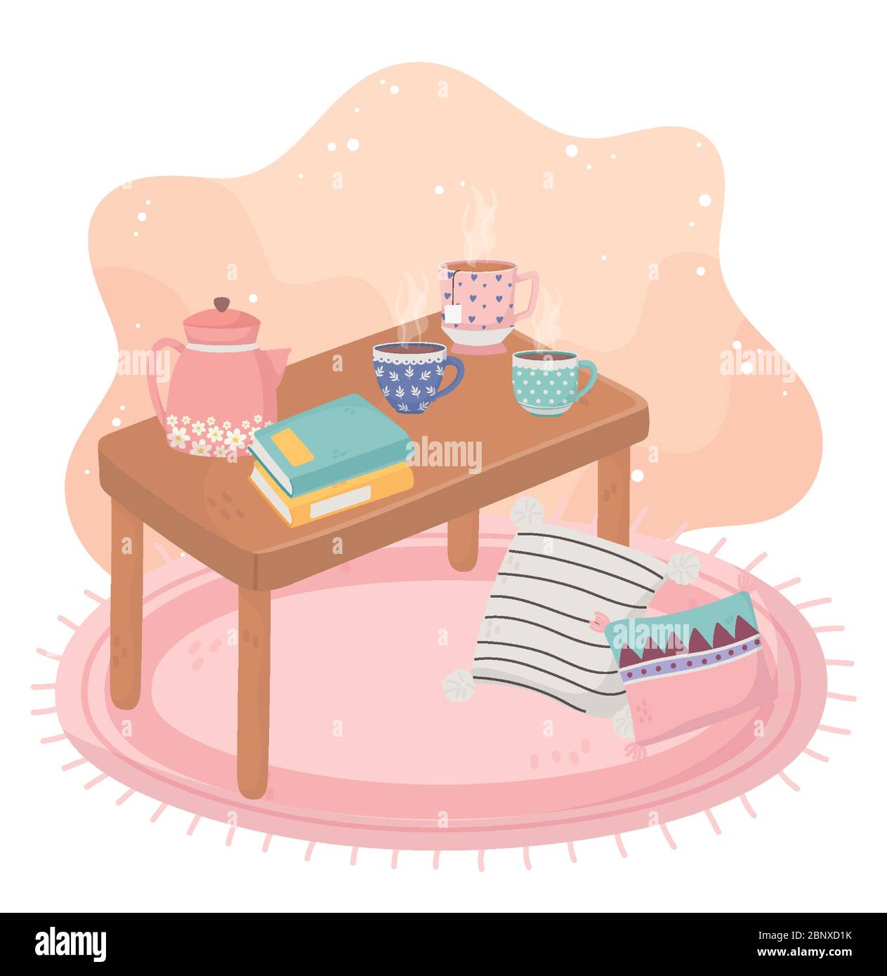 sweet home table with coffee tea cups kettle books and cushions on ...
