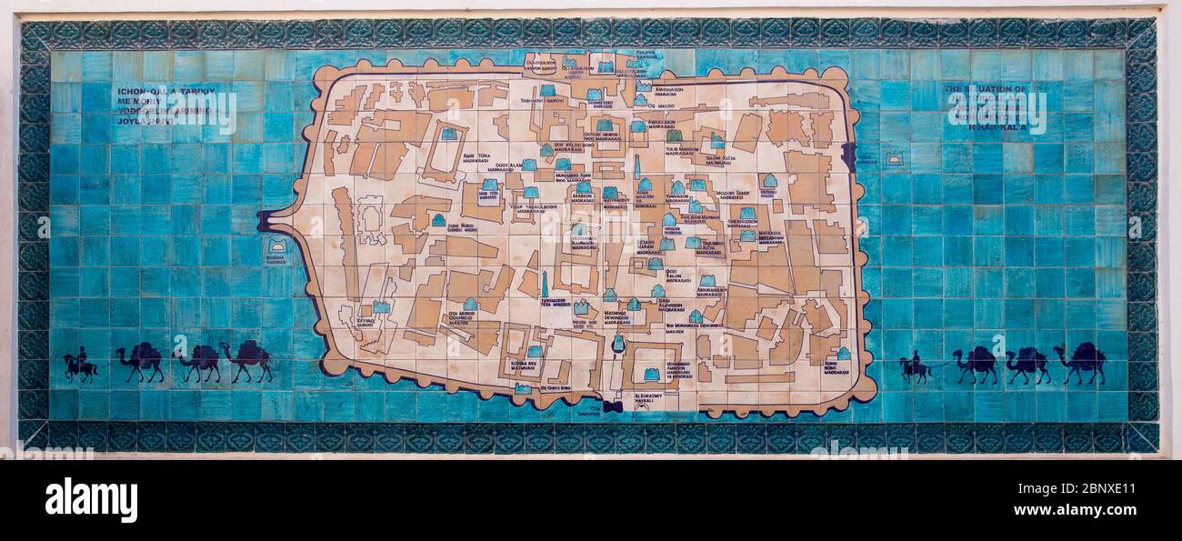 KHIVA, UZBEKISTAN - AUGUST 24, 2016: Map of Ichon-Qala, the old town of ...