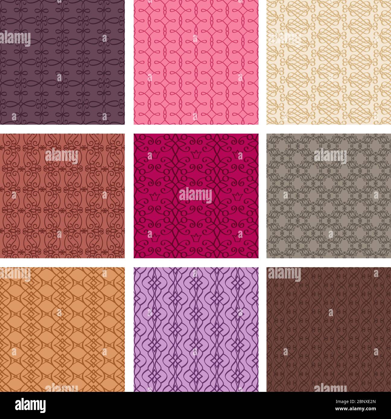 Set of colored patterns with linear swirls and calligraphic elements ...