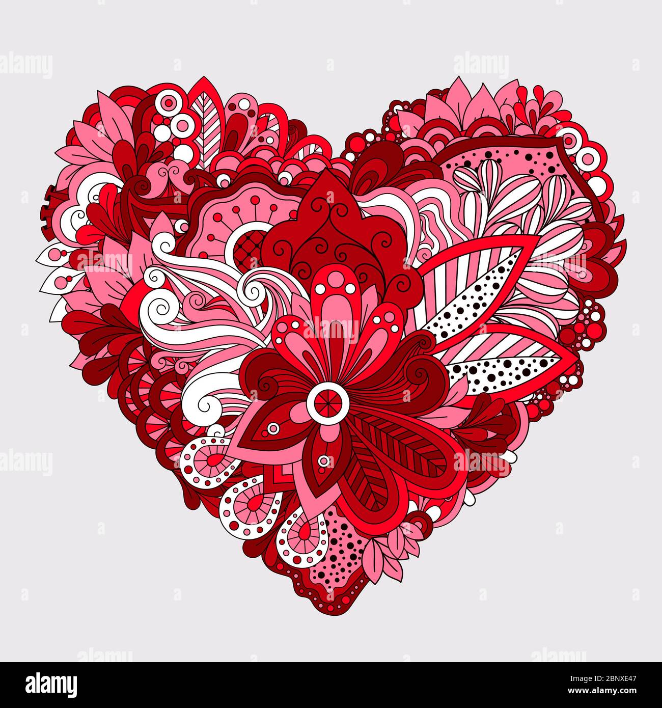 Red floral doodle decorative element in heart shape. Vector ...
