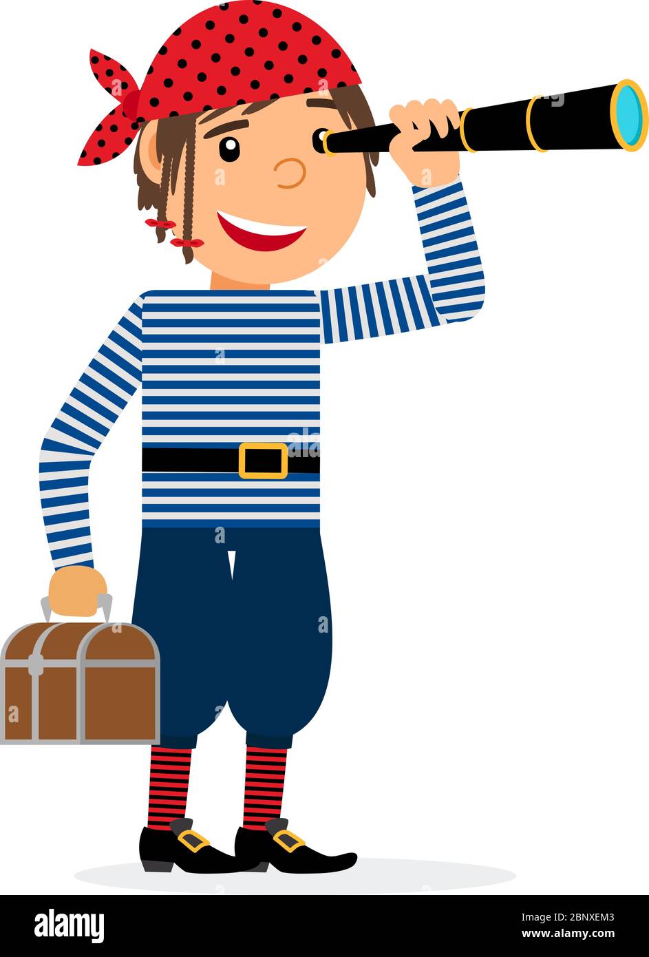 Pirate looking in the spyglass with the chest of treasures. Vector ...