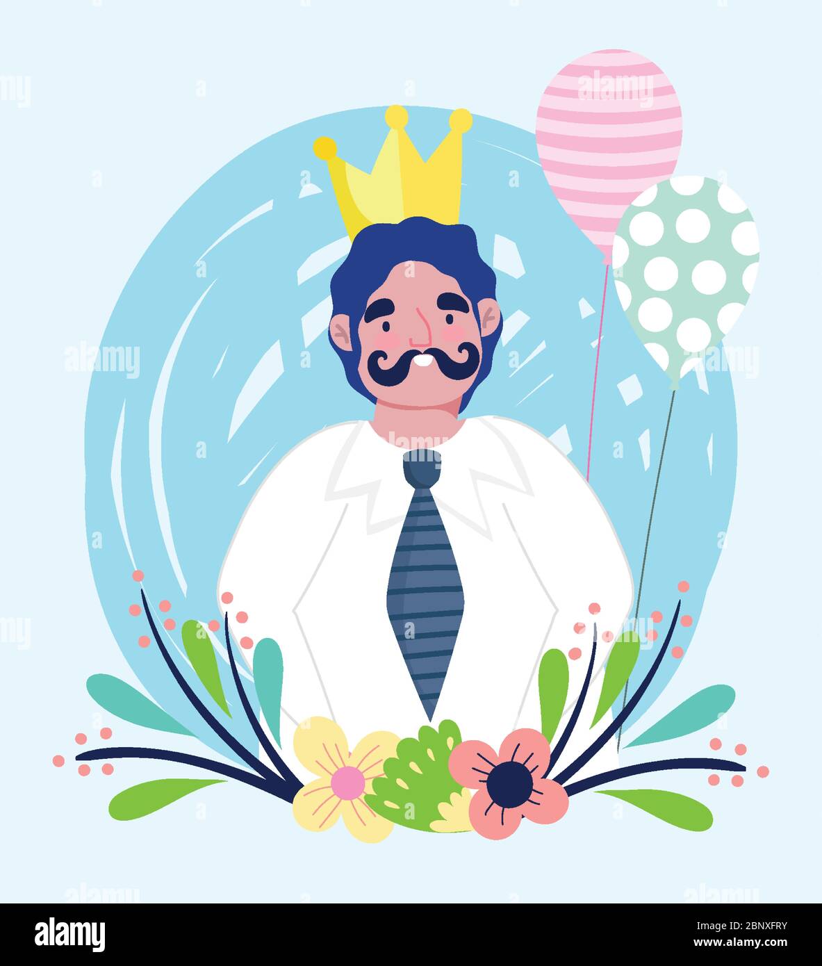 happy fathers day, dad character with gold crown flowers and balloons ...