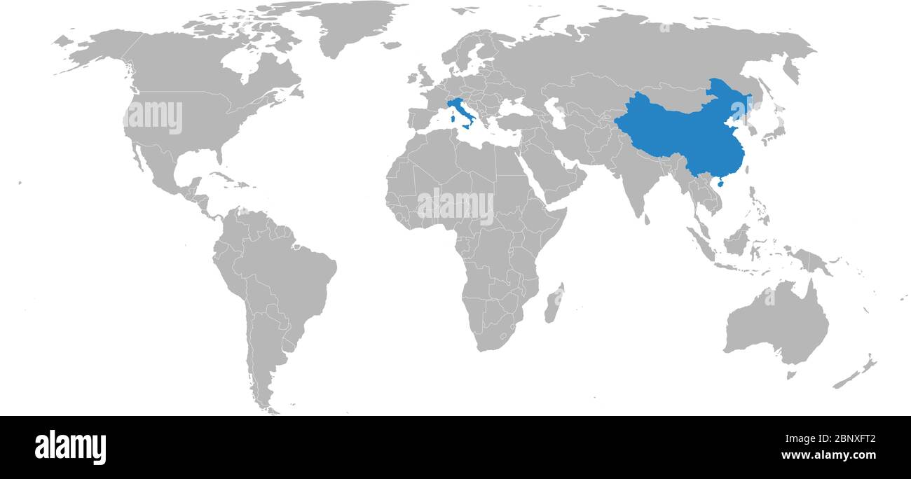 China, italy countries highlighted on world political map. Light gray ...