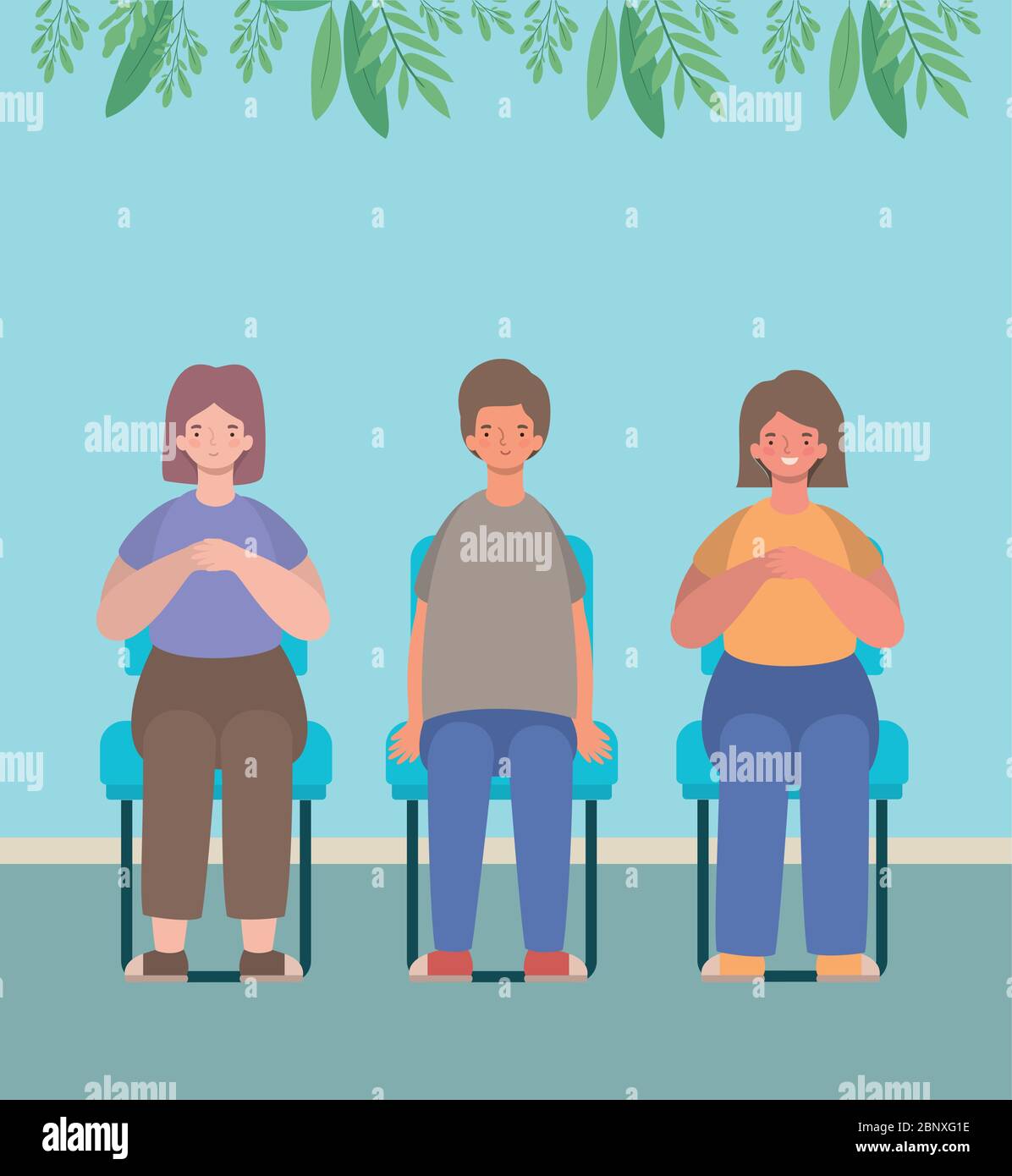 happy women and man cartoons sitting on seats vector design Stock ...