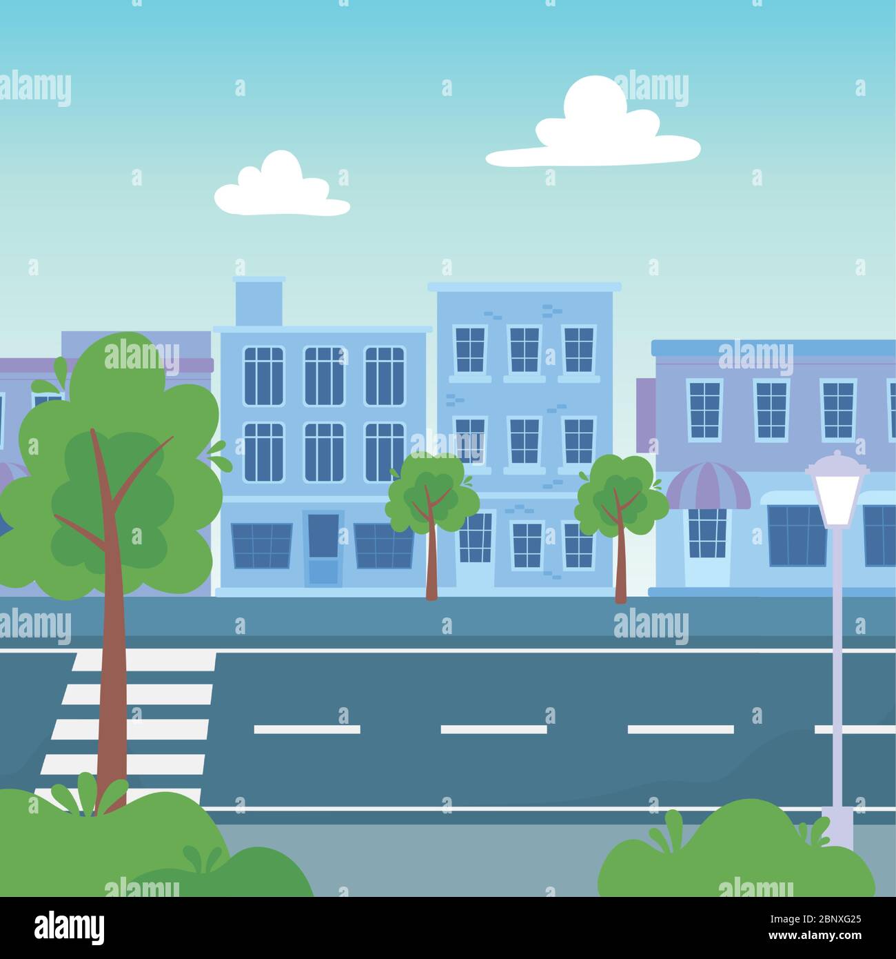 buildings trees foliage street urban city cityscape vector illustration ...