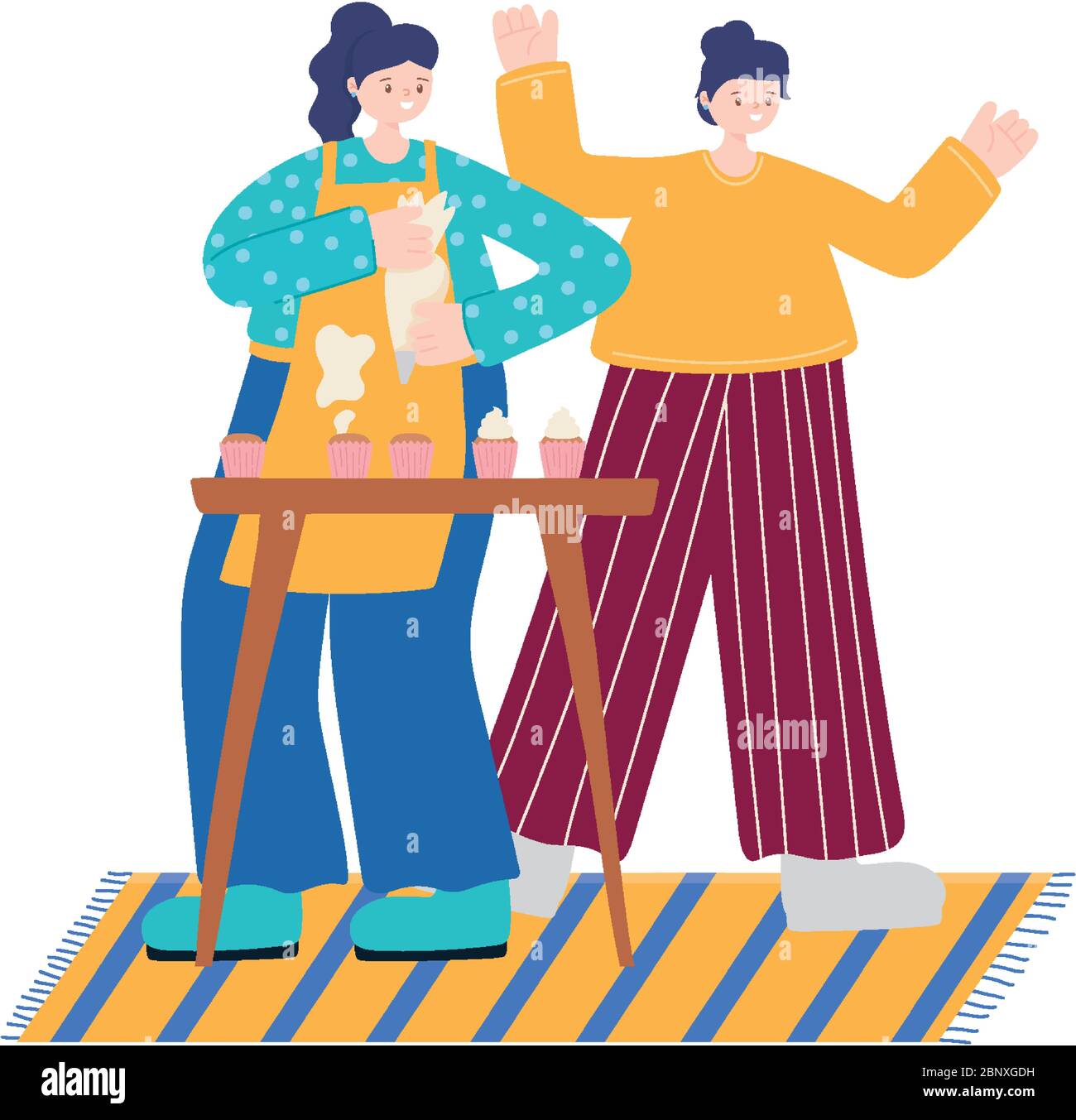 people activities, women baking sweet cupcakes with cream vector ...