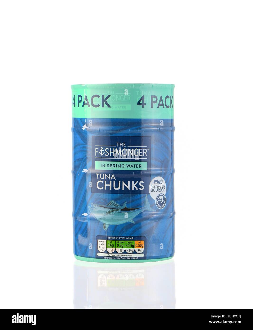 The fishmonger tuna chunks in spring water tin isolated on a white ...