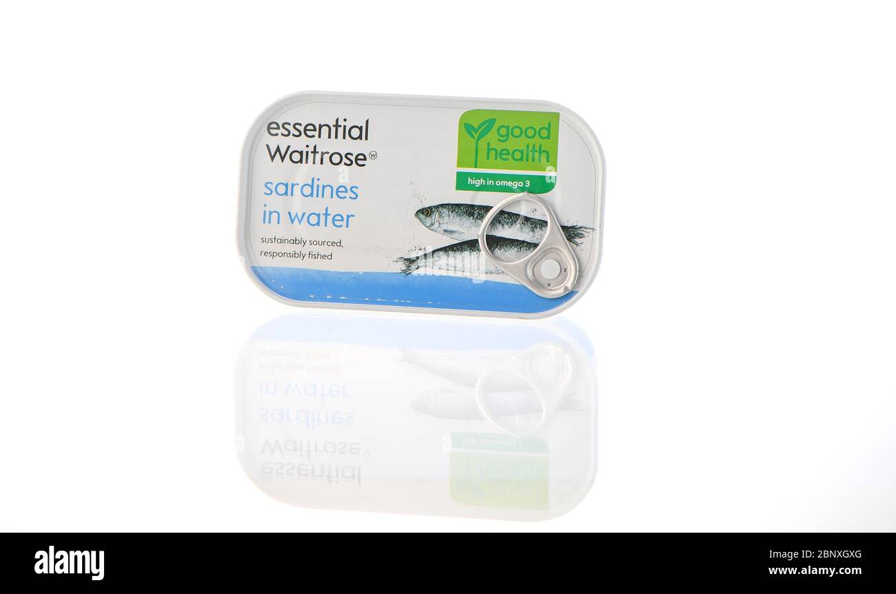 Essential Waitrose sardines in a small tin shot in the studio isolated ...