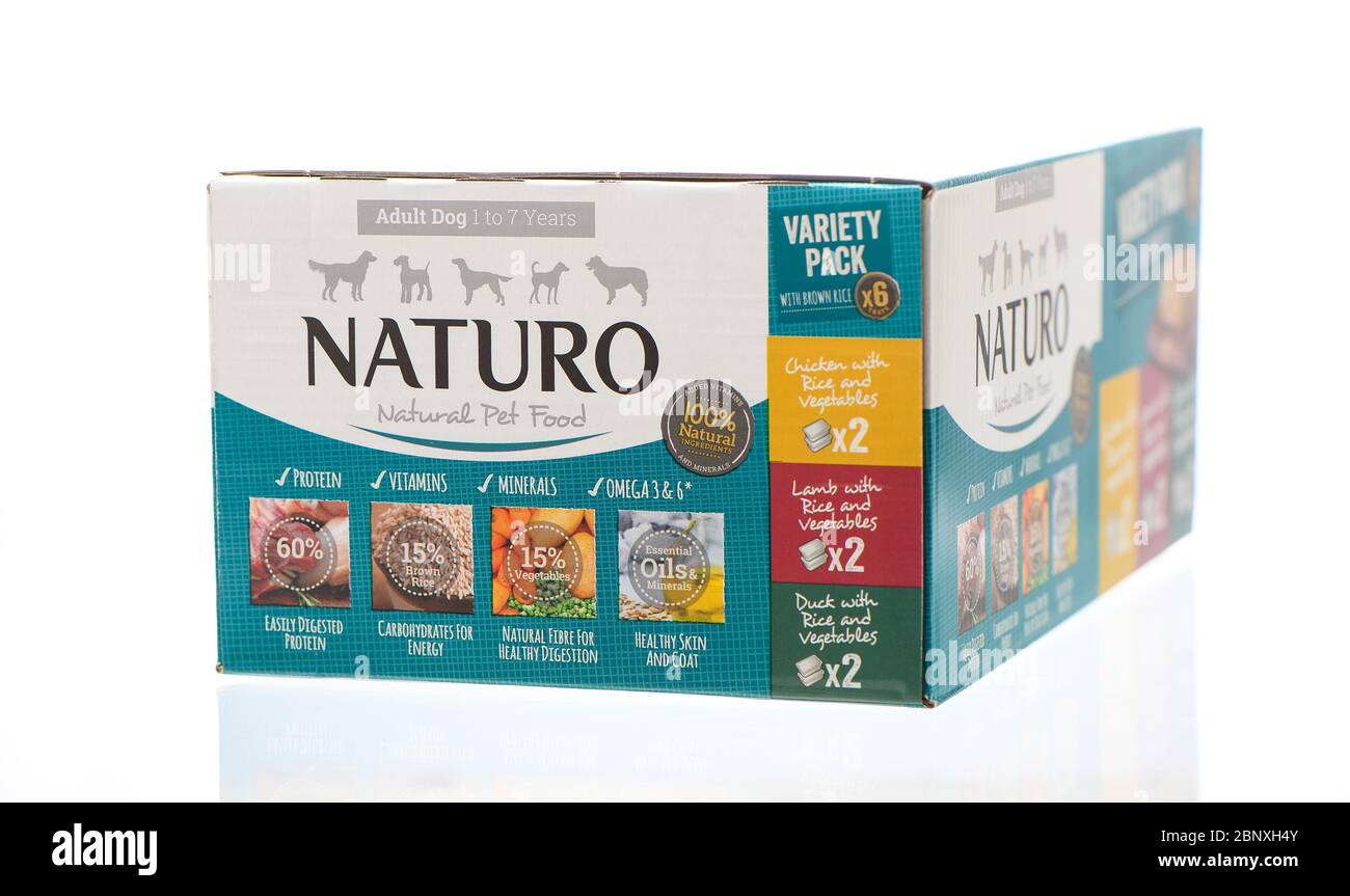 Naturo natural pet food variety selection box isolated against a white ...