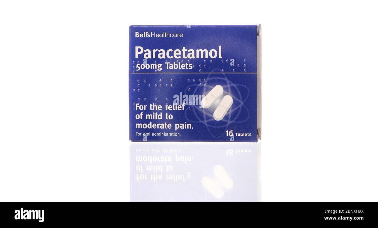 A box of Paracetamol 500mg tablets from Bells healthcare isolated on a ...