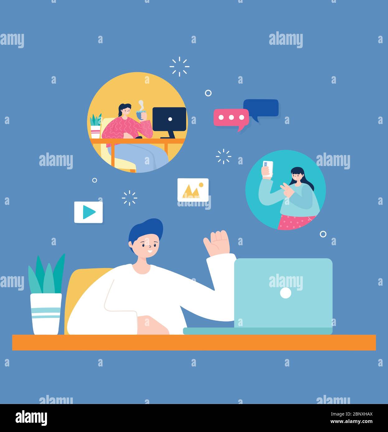 young man in desk using laptop chatting with people vector illustration ...