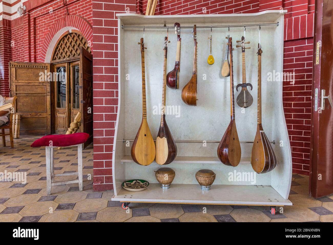 Traditional musical instruments handmade for sale at the Chorsu Bazaar ...