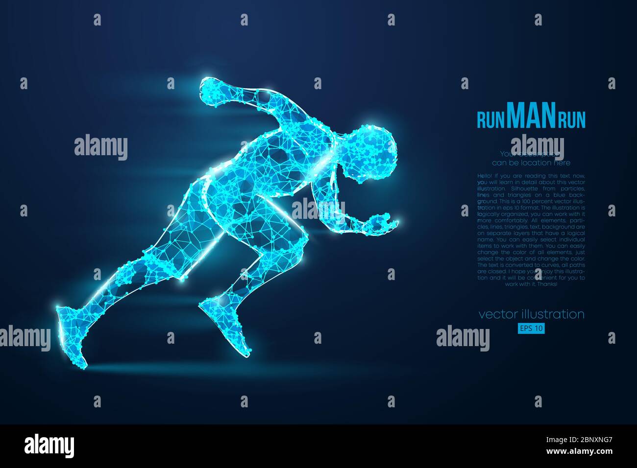 Abstract silhouette of a wireframe running athlete, man on the blue ...