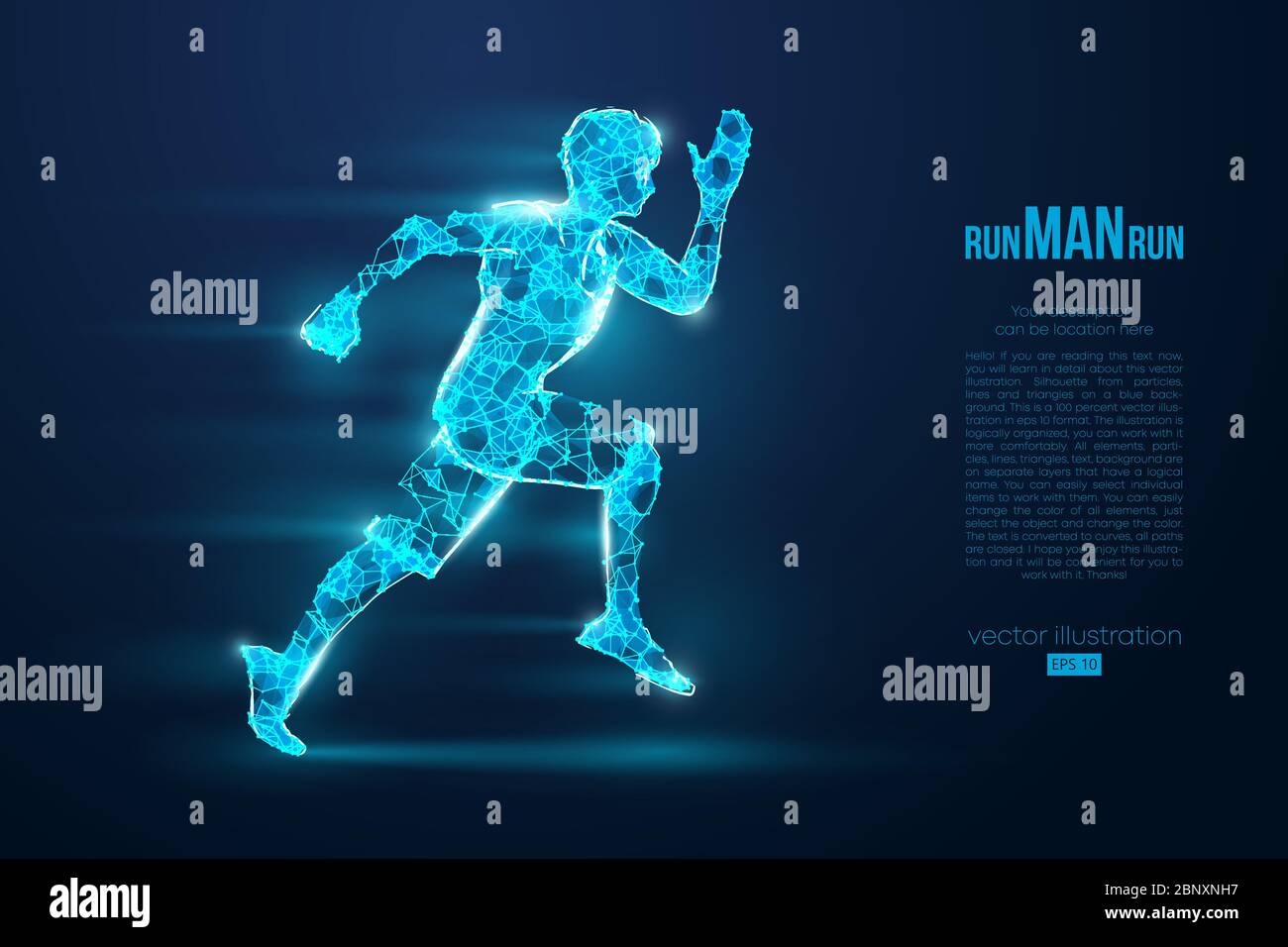 Abstract silhouette of a wireframe running athlete, man on the blue ...