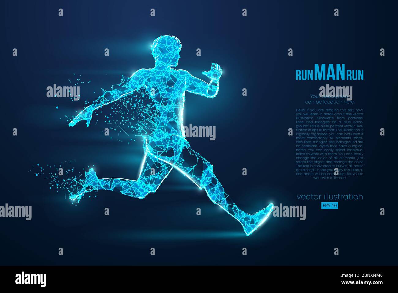Abstract silhouette of a wireframe running athlete, man on the blue ...