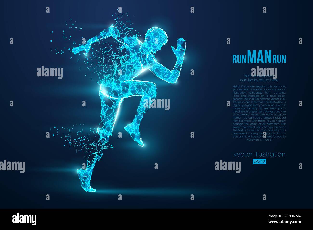 Abstract silhouette of a wireframe running athlete, man on the blue ...