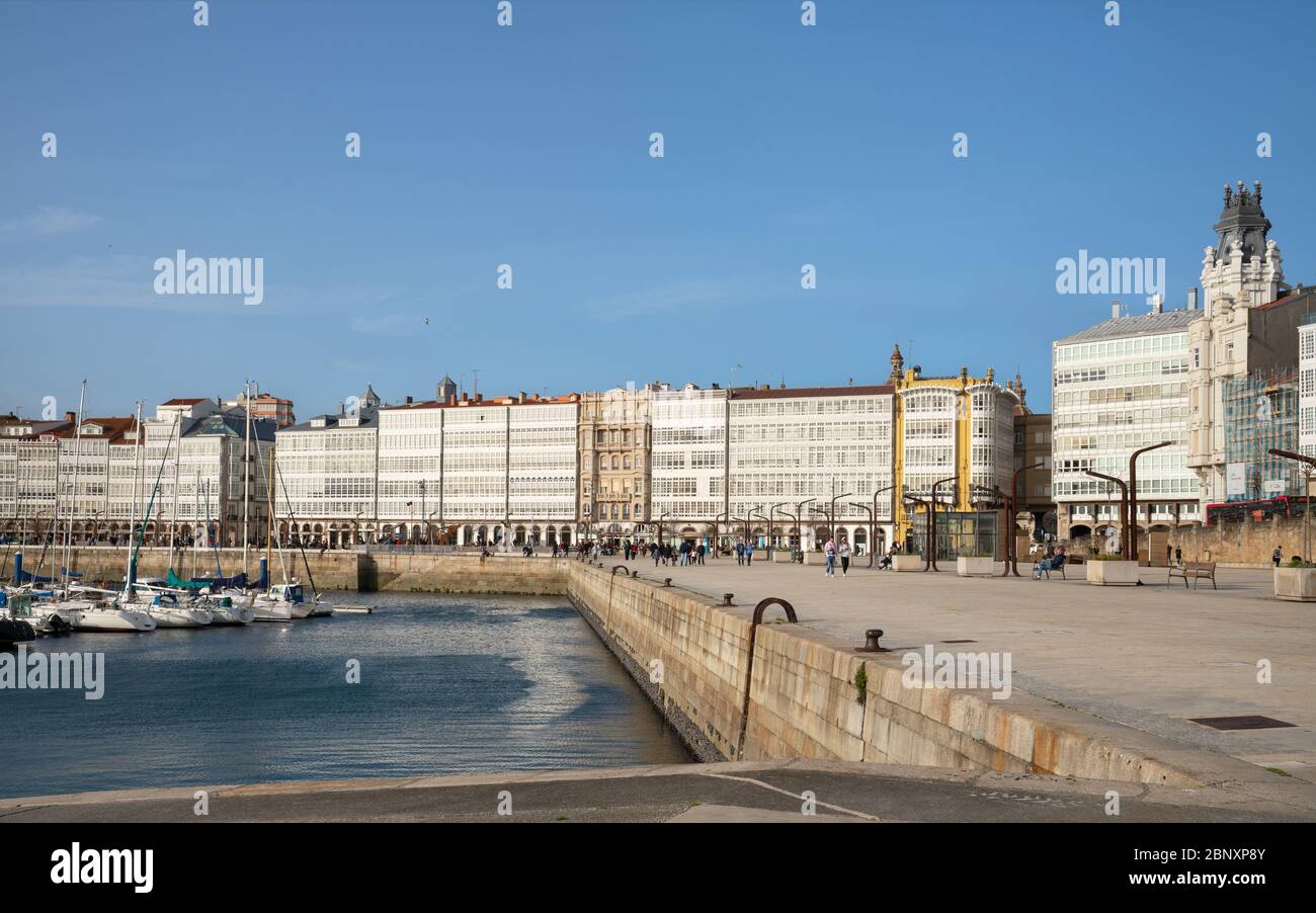A CORUNA, SPAIN - FEBRUARY 2, 2020: Panoramic image of the harbour ...
