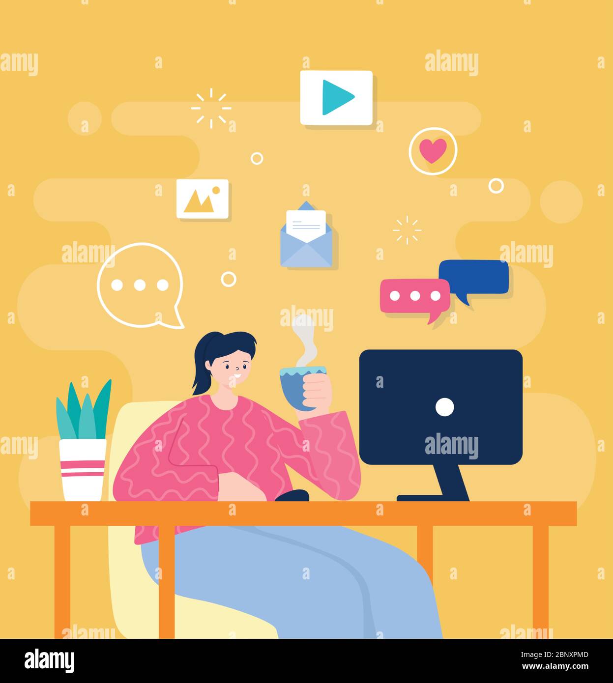 young woman with coffee cup using computer networking and social media ...