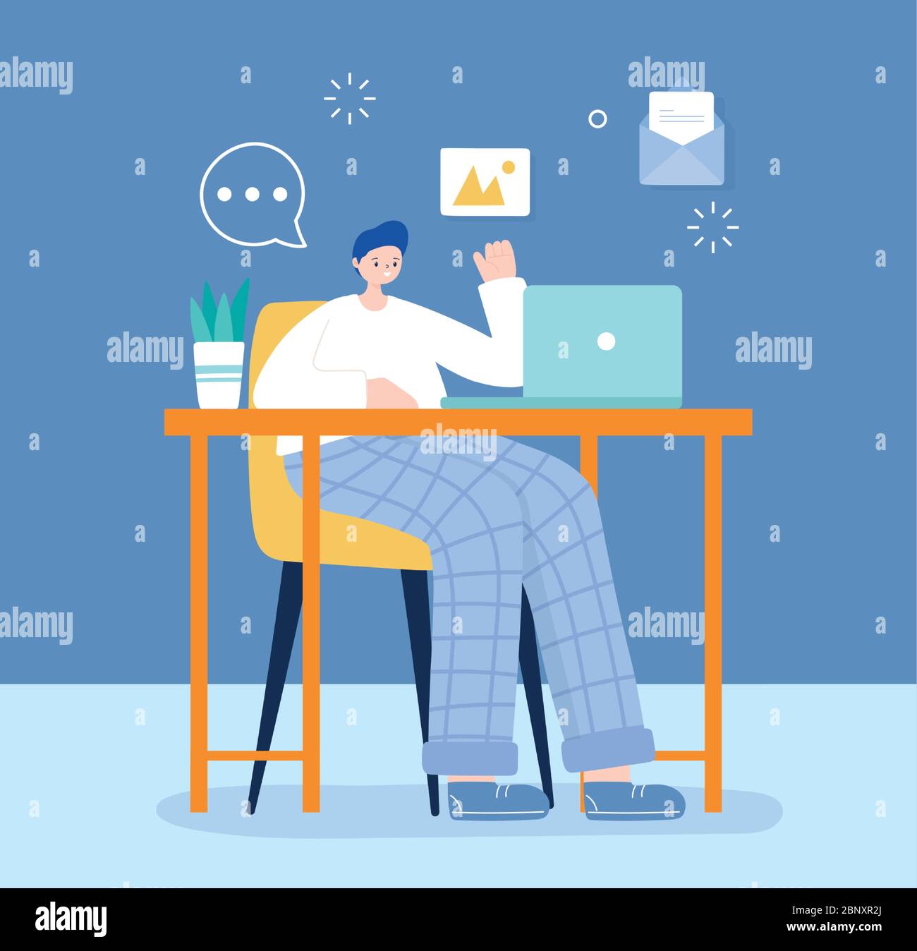 young man sitting at chair using laptop texting chatting social media ...