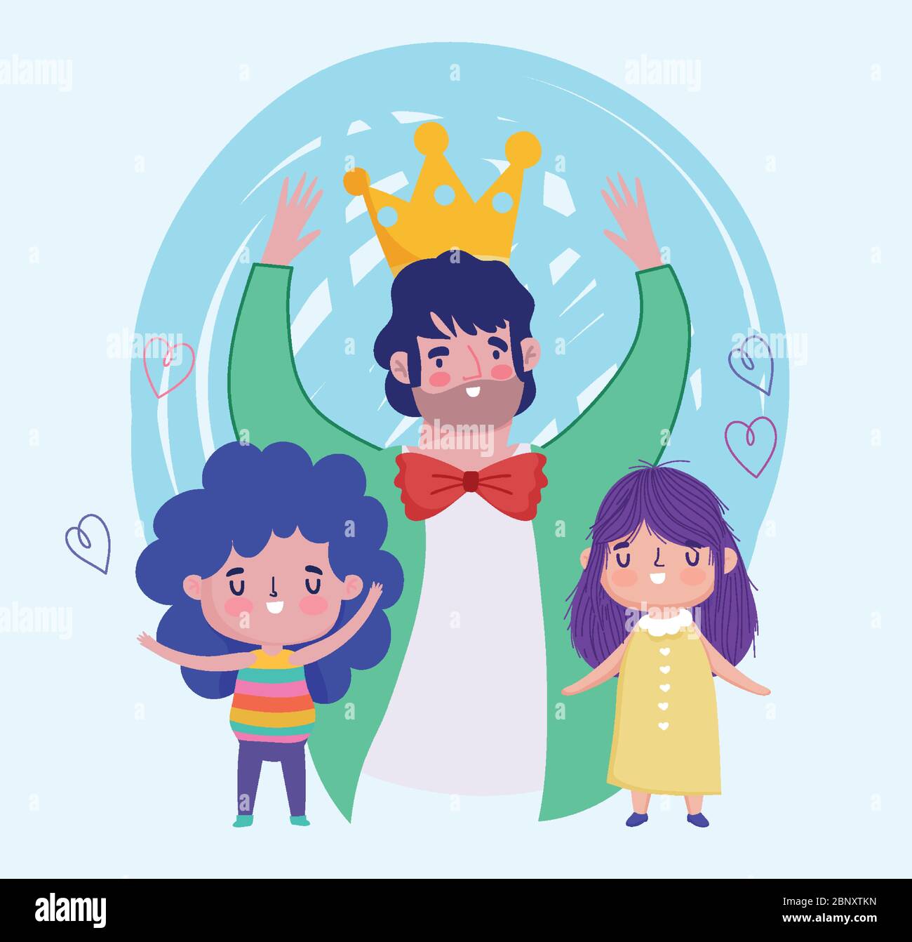 happy fathers day, celebrating dad with crown and kids cartoon vector ...