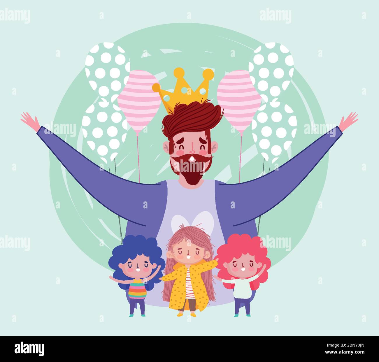 happy fathers day, beard dad with kids and balloon celebration vector ...