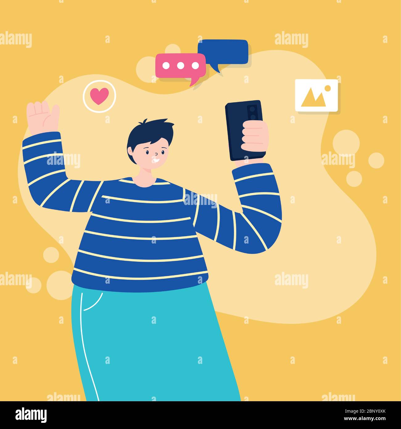 young man with smartphone chatting applications media vector ...