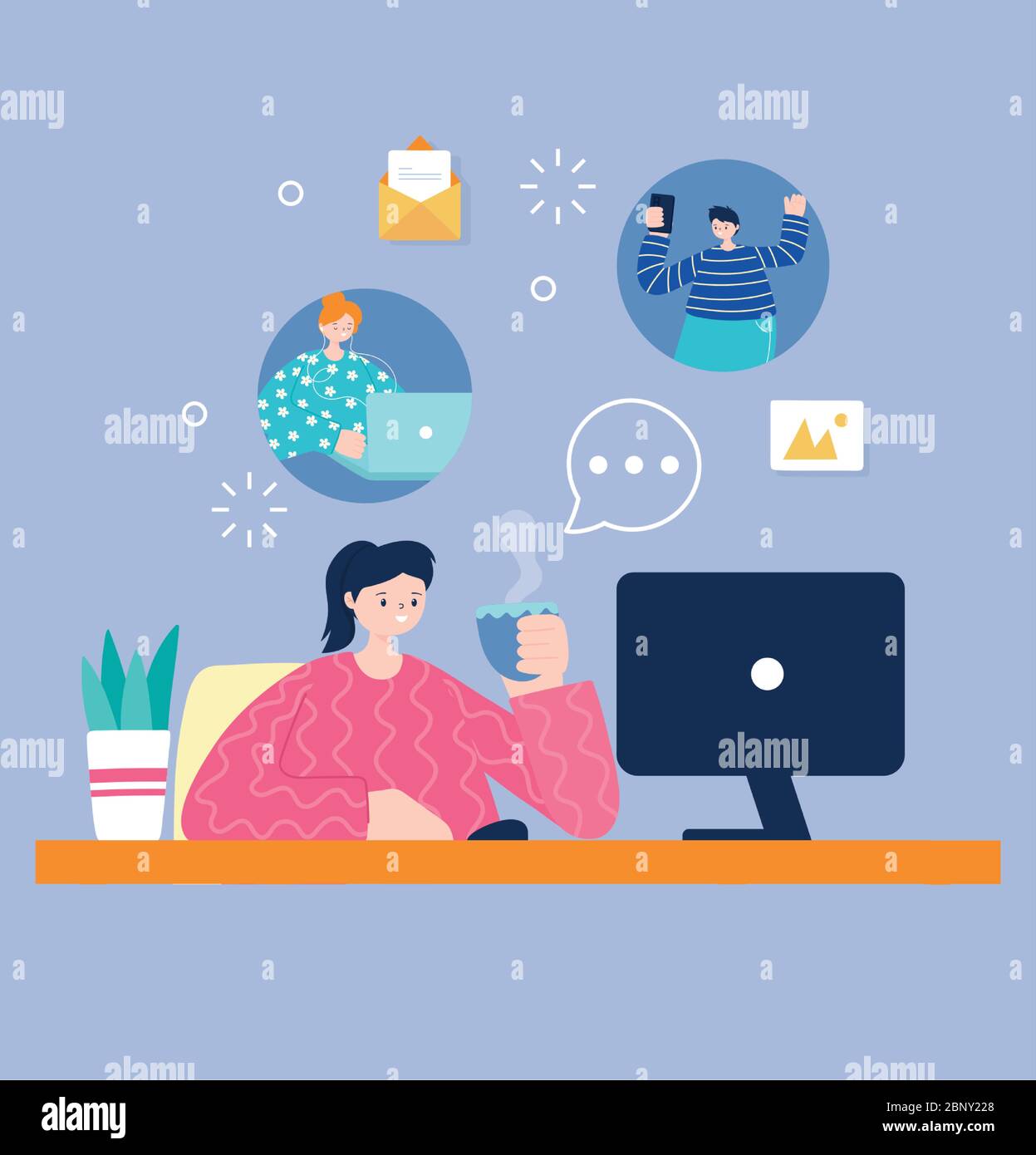 young woman with coffee cup using computer chatting with people vector ...