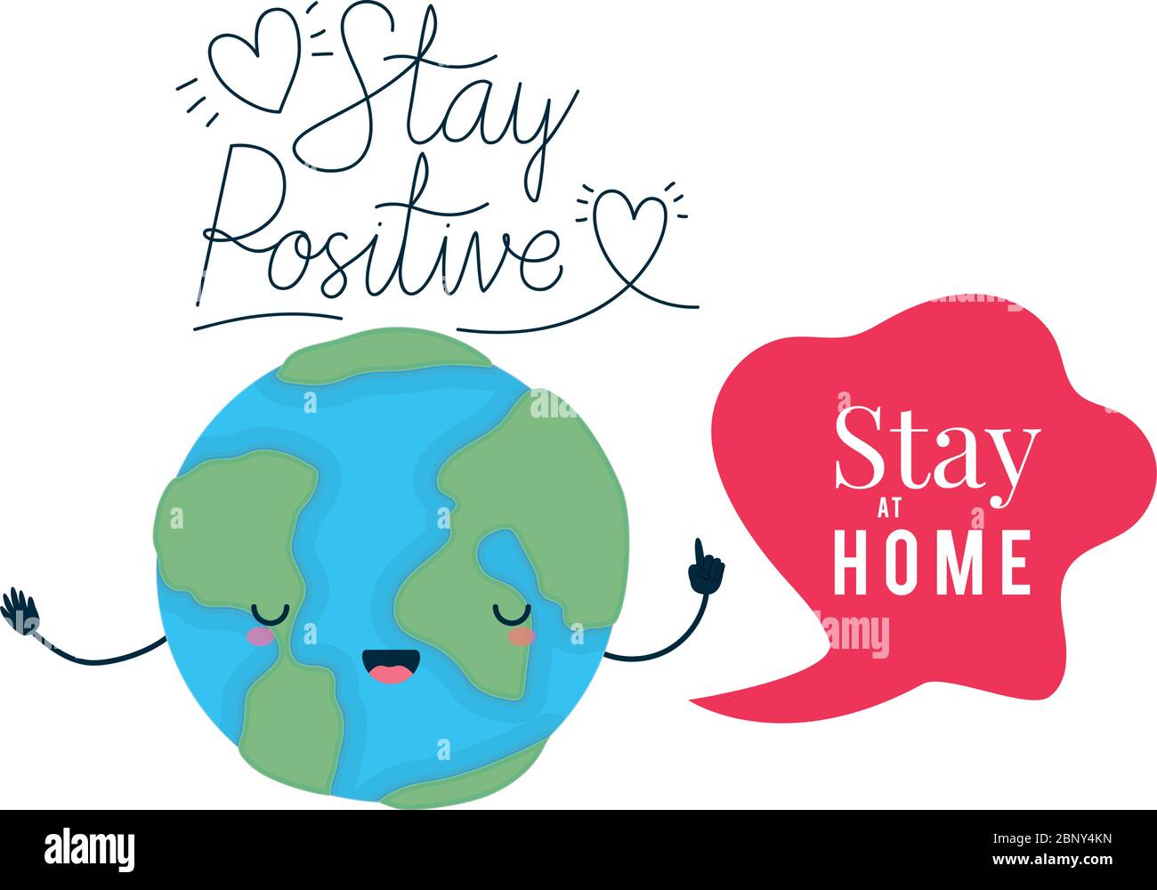 kawaii world cartoon and stay positive and at home text vector design ...