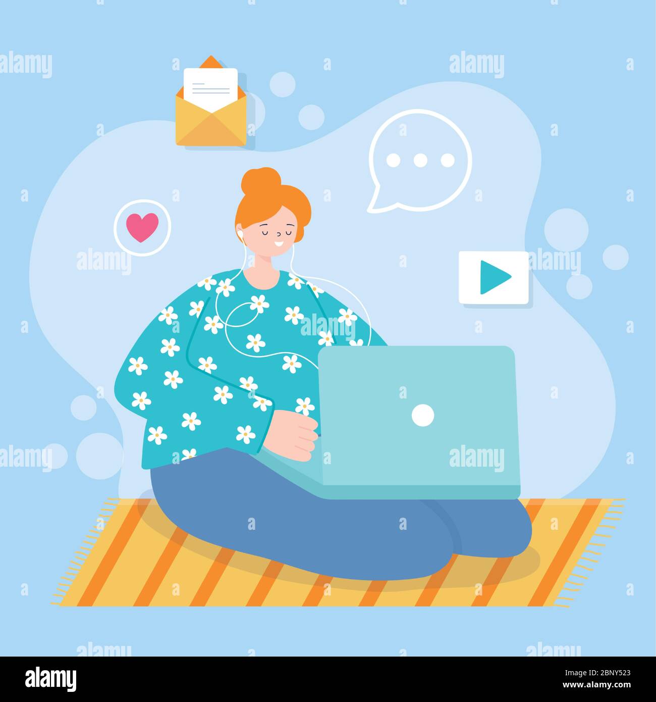 young woman with laptop and headphones chatting texting vector ...