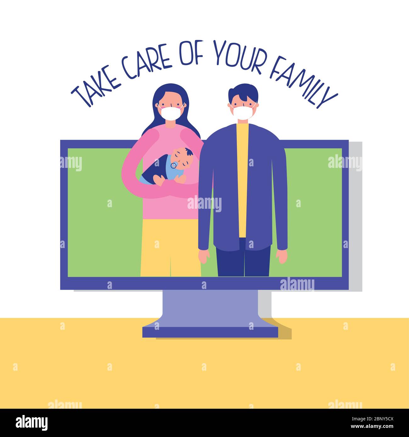 parents couple lifting baby using face masks in desktop Stock Vector ...